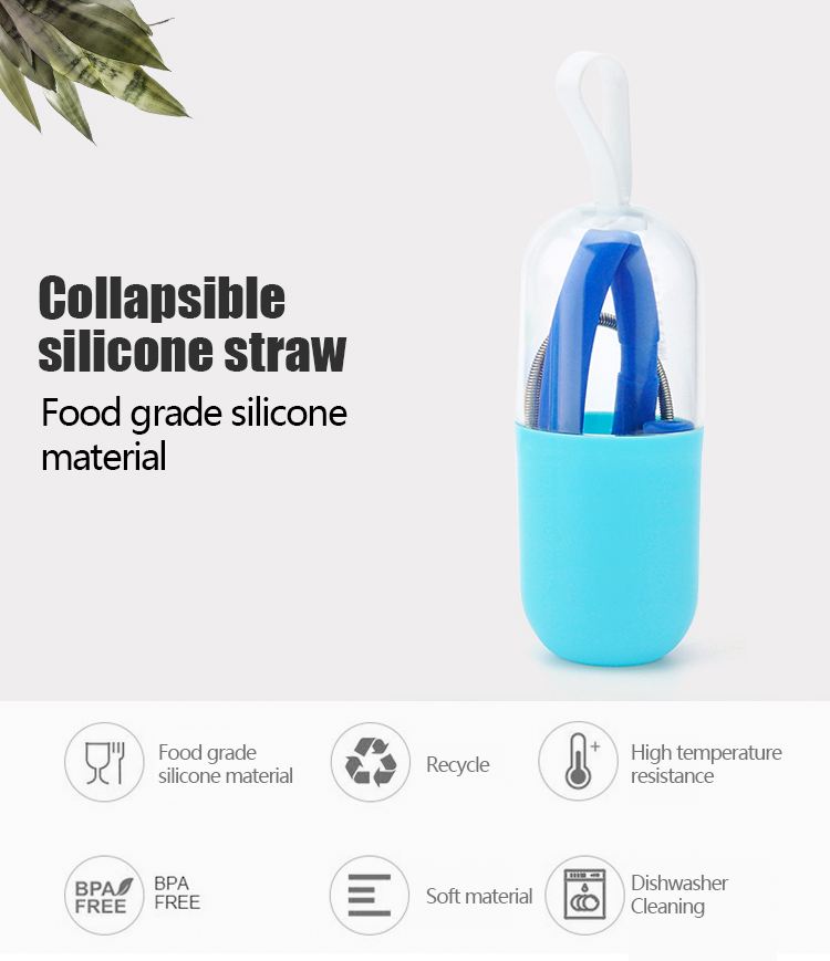 Collapsible Reusable Bent Foldable Silicone Siliskin Straw With Case